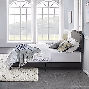 GAOMON Queen Bed Frame with Headboard Adjustable Upholstered Bed Frame Queen Size with Nailhead Trim Headboard, Mattress Foundation, Strong Wood Slat Support, No Box Spring Needed, Dark Grey