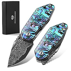 DRACHENADER Small Damascus Pocket Knife for Women and Men Abalone Knife Japanese Keychain Mini Pocket Knife Folding VG10 67 Layers Damascus Steel, birthday Gift Box Included