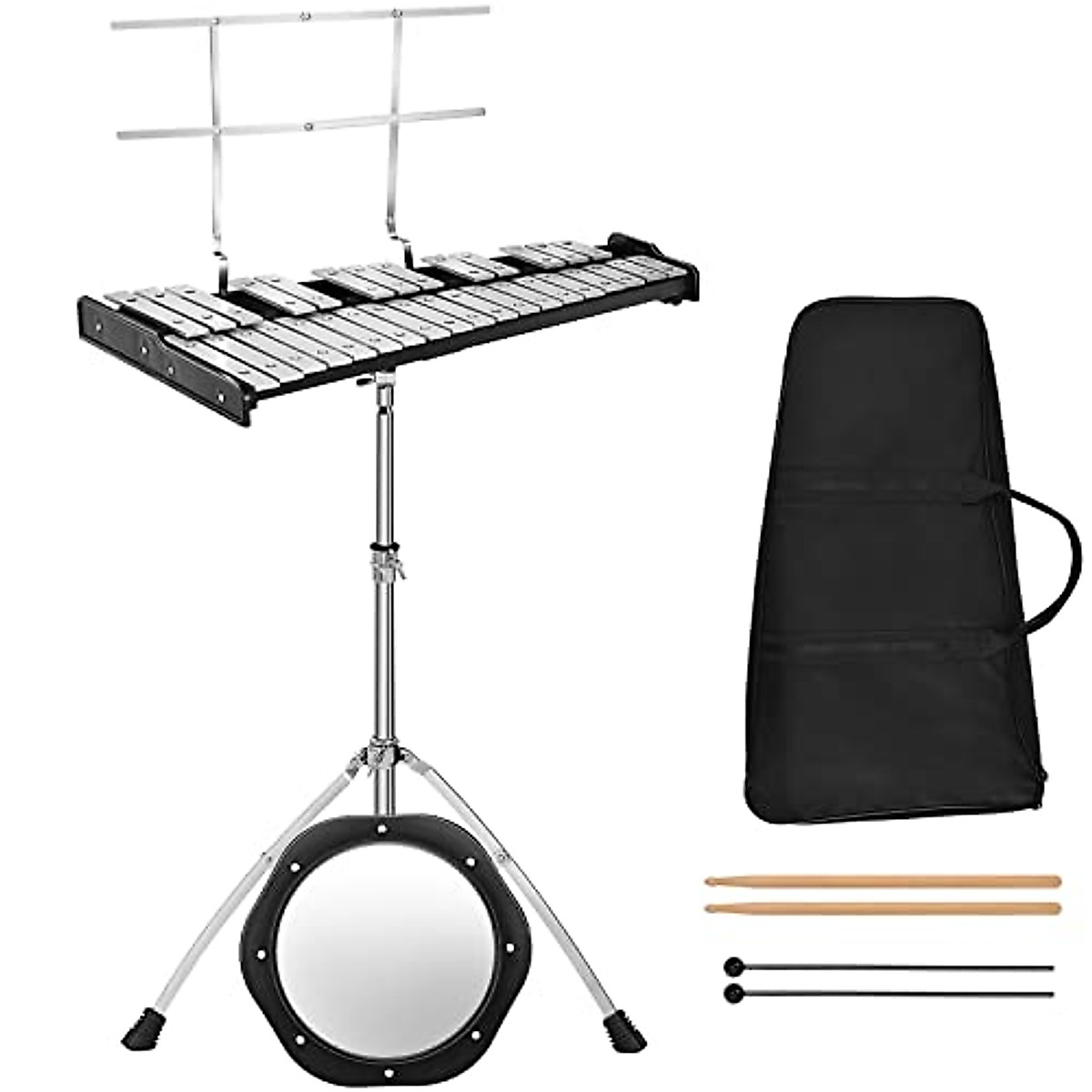Giantex 32 Note Professional Glockenspiel Bell Kit, Percussion Xylophone with Adjustable Stand, Music Stand, 8'' Practice Pad, a Pair of Bell Mallets, Wooden Drumsticks, Carrying Bag