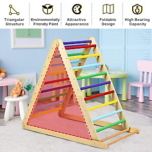 HONEY JOY Triangle Climber with Ramp, 2-in-1 Indoor Toddler Climbing Triangle Set with Ladder & Slide, Foldable Wooden Kids Climbing Toys for Playground, Gym & Daycare, Gift for Boys Girls (Colorful)