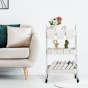 danpinera 3-Tier Rolling Cart, Metal Rolling Storage Cart with Lockable Wheels & Hanging Cups & Hooks, Mobile Trolley Cart for Kitchen, Bathroom, Office, Workshop, White