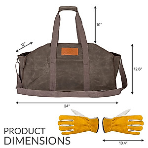 Longridge Extra Large Firewood Log Carrier Bag Tote with Leather Gloves. Durable Waxed Canvas,Handles and Shoulder Strap. Home,Camping or Gift,Grey Waxed Canvas,24 x12x12.6