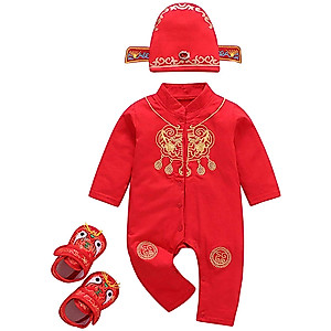 3PC Newborn Baby Girl Boy New Year Tang Suit Red Romper Bodysuit Hat Shoes Outfits (Red, 18-24 M)
