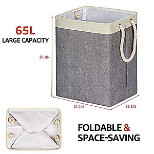 COSYLAND Laundry Basket with Rope Handles 65L Collapsible Linen Hamper Foldable Nursery Storage Baskets Bin for Bathroom, Toys and Clothing Organization