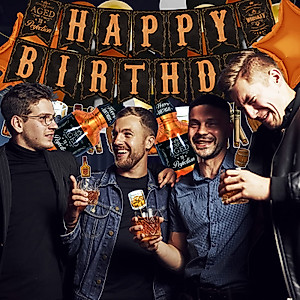 BORAMDO Whiskey Birthday Party Decorations for Men, Aged to Perfection Party Supplies including Whiskey Birthday Banner, Cake Toppers, Whiskey Foil Balloons, Tissue Paper Flowers (brown)