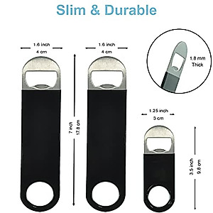 ProSMF Flat Bottle Opener - Bottle Opener for Bartender - Beer Bottle Opener - Stainless Steel - Heavy Duty - Vinyl Rubber Coated Handle - Black - 3 Pack - 2 Large & 1 Mini