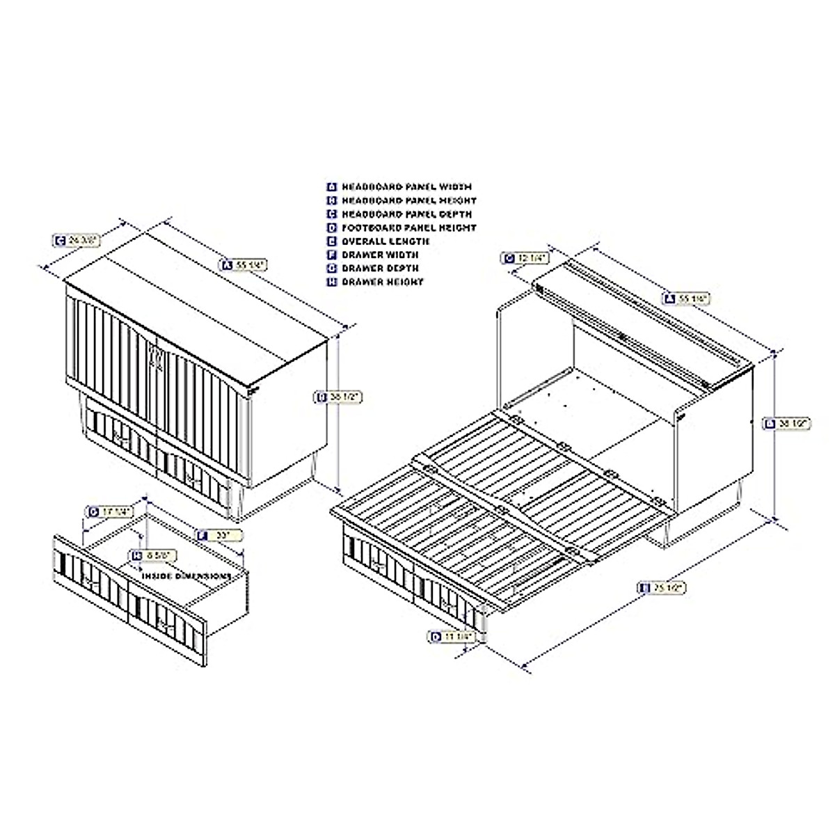 AFI, Nantucket Murphy Bed Chest with 6 inch Memory Foam Folding Matttress, Built-in Charging Station and Storage Drawer, Full, Grey