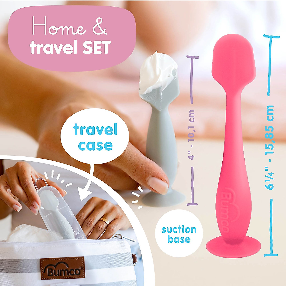 Bumco Baby Bum Brush + Mini Diaper Cream Spatula with Case - BPA-Free Butt Spatula Baby, Soft Diaper Spatula, Baby Diaper Cream Applicator, Mom-Invented Diaper Bag Essentials, Butt Spatula