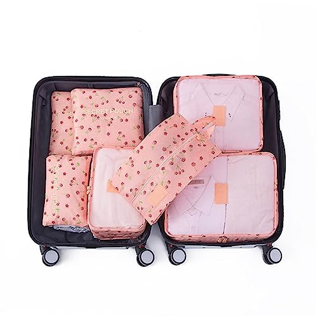 Laebevon 7 Set Packing Cubes with Shoe Bag - Travel Luggage Organizer, Pink Cherry