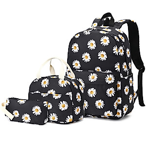 Yusudan Daisy Girls School Backpack Set, Kids Teens School Bag Bookbag with Lunch Bag Pencil Bag (Black)