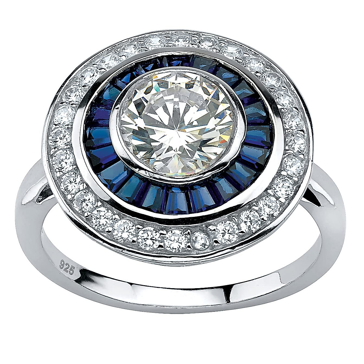 PalmBeach Platinum-Plated Sterling Silver Round Cubic Zirconia and Baguette Blue Sapphire or Green Emerald Art Deco Circle Ring Size 8