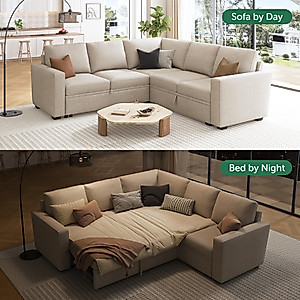 HONBAY Modular Sectional Sleeper Sofa with Pull Out Bed, L Shaped Sectional Couch with Storage Seat, Convertible Sectional Couches for Living Room, Beige