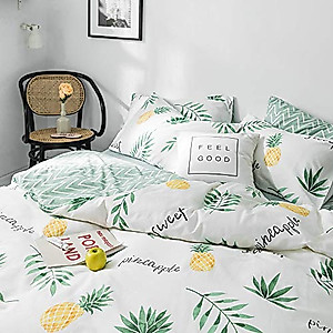 VClife Cotton Sage Green White Duvet Cover Reversible Boho Style Pineapple Herringbone Comforter Set Full Queen Size Bedding Set
