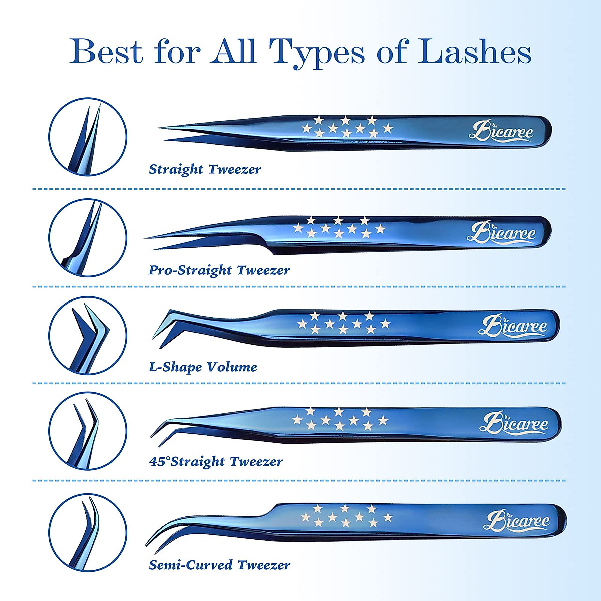 BICAREE Eyelash Extension Tweezers for Isolation & Classic Lashes, Stainless Steel Precision Tweezers (Straight, Blue)