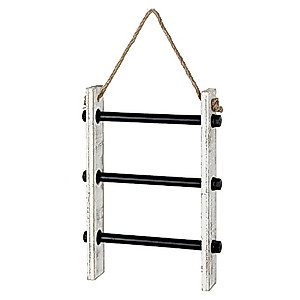 MyGift 3-Tiered Hanging Hand Towel Rack Ladder, Wall Mounted Whitewashed Wood and Industrial Pipe Bathroom Storage Towel Holder with Rope