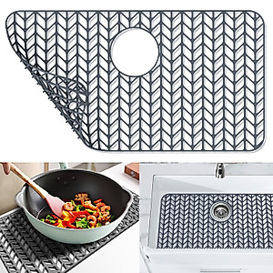 Silicone Sink Mat Protectors for Kitchen 26''x 14'' JOOKKI Kitchen Sink Protector Grid for Farmhouse Stainless Steel Accessory with Rear Drain
