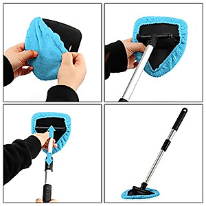 UYYE Windshield Cleaning Tool, Retractable Rotary Triangular Head Cleaning Brush,with Washable Fiber Cloth and Water Spray Kettle, Reusable Car Interior and Exterior Accessories Cleaning Kit, Blue