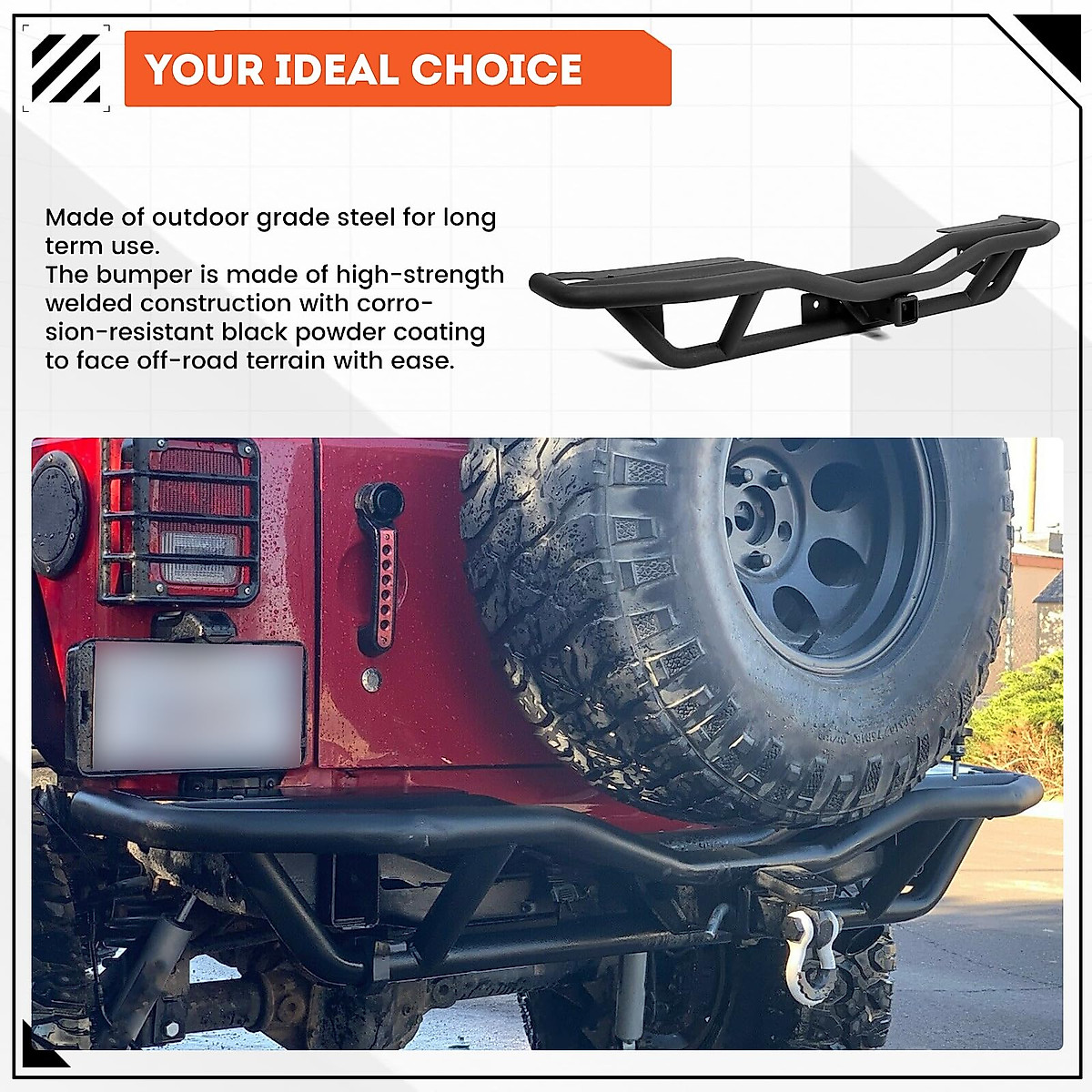 ECOTRIC Tubular Rear Bumper Compatible with 2007-2018 Jeep Wrangler JK W/ 2" Hitch Receiver Steel Rock Crawler Textured Black
