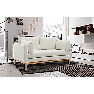 Meridian Furniture 157Cream-L Langham Collection Mid-Century Modern Linen Textured Fabric Upholstered Loveseat, Cream Linen Textured Fabric, Natural Finish Wood Base, 66" W x 33.5" D x 33" H, Cream