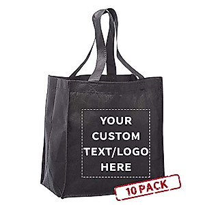 DISCOUNT PROMOS Custom Reusable Cloth Grocery Shopping Tote Bags - 10 Pack - Personalized Logo, Text - Foldable, Washable, Shopper Bag - Black