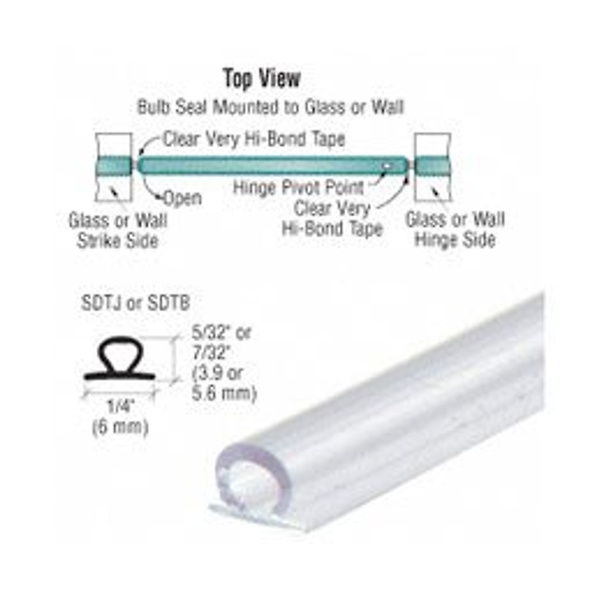 CR Laurence Shower Door Translucent Vinyl Bulb Seal with Pre-Applied Tape for 7/32" Gap (1/4" and up Thick Glass)