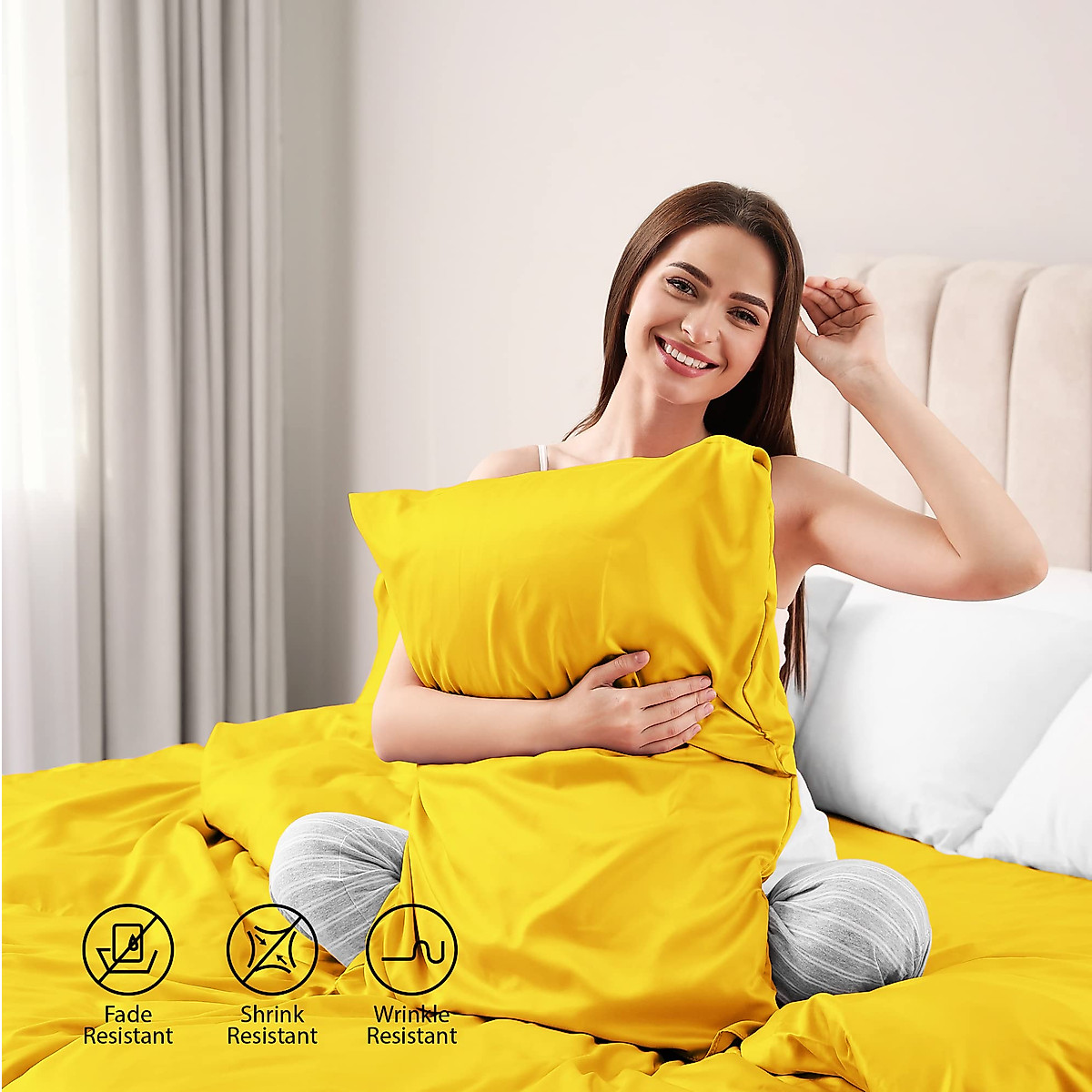 Ahmedani Linen Yellow Satin Pillowcase for Hair and Skin, 100% Satin Pillowcase Standard Set of 2 with Envelope Closure Lemon Chrome 20x26 inches