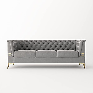 kevinplus 82.6'' Chesterfield Sofa Couch for Living Room, Classic Modern Velvet 3-Seat Upholstered Sofa Couch for Apartment Bedroom Office, Strong Gold Metal Legs, Light Grey