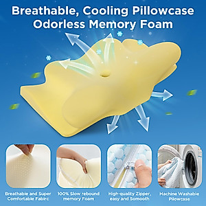 Cool Cervical Neck Pillow for Pain Relief, Ergonomic Contour Side Sleeper Pillow for Adults, Orthopedic Memory Foam Back Stomach Sleepers, 2 in 1 Stomach Sleeping Blue