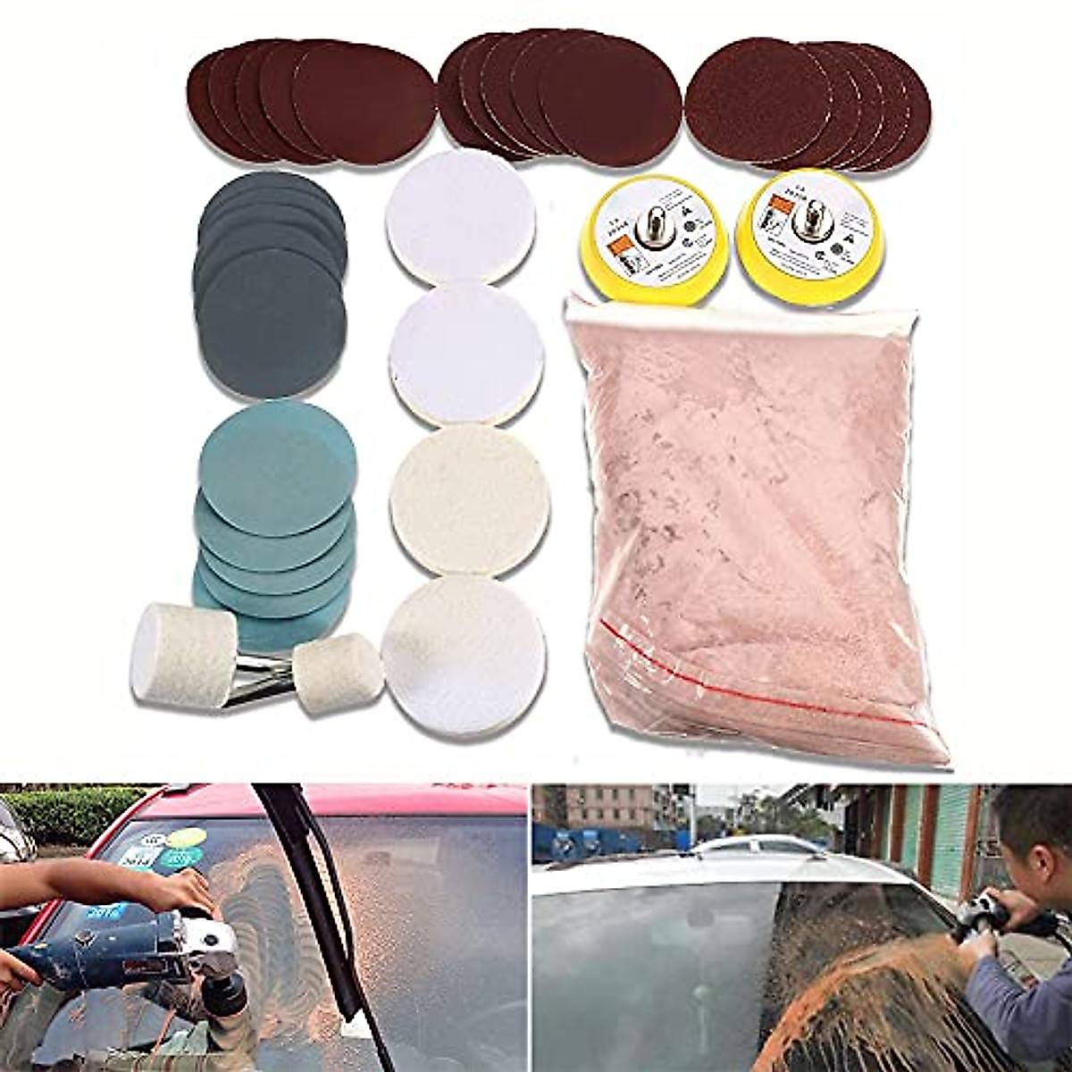 Glass Polishing Kit, 34Pcs/Set Multifunctional Scratch Remover Window Repair Tool, Cerium Oxide Polishing Powder Polishing Pad and Wheel for Windscreen and Glass
