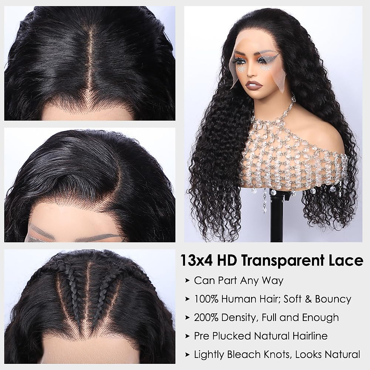 Alibeauty 13x4 HD Transparent Lace Front Wigs Human Hair Pre Plucked Hairline with Baby Hair 200 Density Brazilian Water Wave Wigs for Black Women(20 Inch)