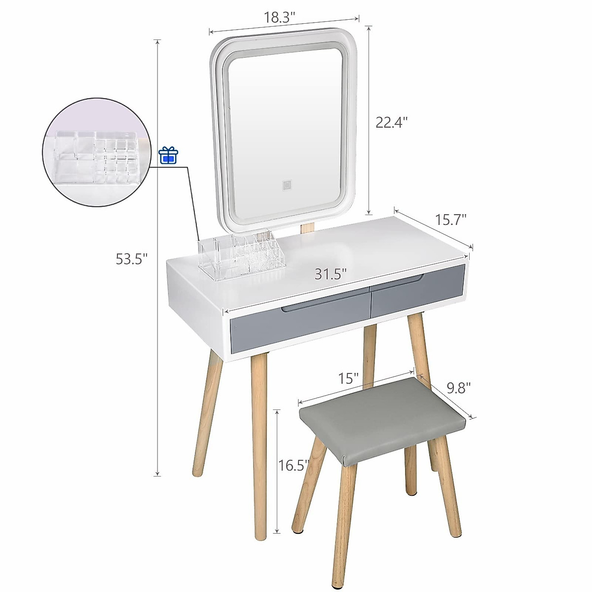 ARTETHYS Vanity Table Set with Adjustable Brightness Mirror and Cushioned Stool, Dressing Table Vanity Makeup Table with Free Make-up Organizer