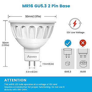 Aovpex MR16 LED Bulb 6Pack,12V 5W(50W Halogen Replacement),2700K Warm White,GU5.3 Bi-Pin Base, Non-Dimmable MR16 LED Spot Light Bulbs for Indoor Outdoor Landscape Lighting