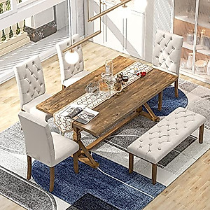 LZ LEISURE ZONE Dining Table Set for 6, Kitchen Table Sets, 6-Piece Farmhouse Dining Table Set, 72" Wood Rectangular Table, 4 Upholstered Chairs with Bench, Walnut