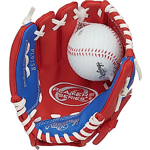 Rawlings | PLAYERS Series T-Ball & Youth Baseball Glove | Left Hand Throw | 9" | Red/Blue with Ball