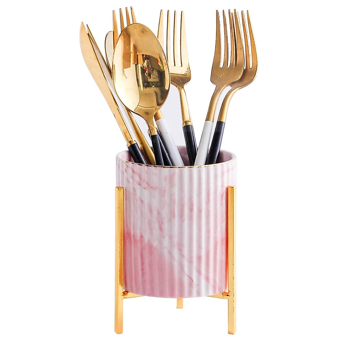 YOSCO Kitchen Utensil Holder,Ceramic Silverware Holder,Flatware Organizers with Golden Metal Frame for Home, Kitchen,Restaurant,Countertop (Pink-1)