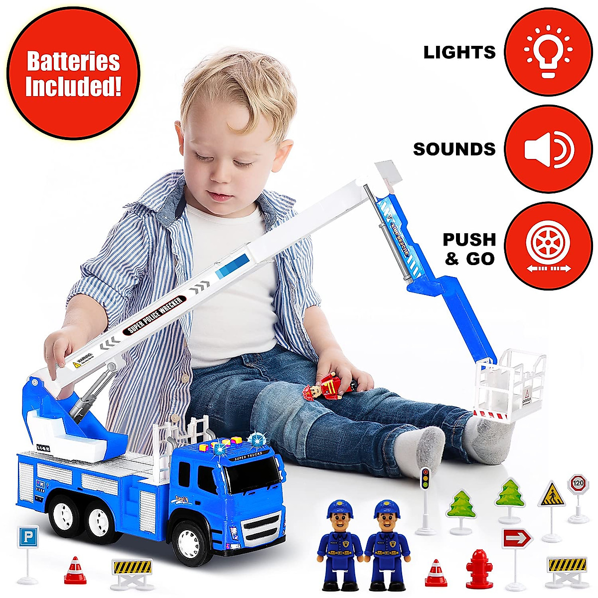 Police Fire Truck Toy - 1:12 Scale Push and Go Realistic Vehicle Playset, 3 Law Enforcement Fire Trucks Action Figure, Extendable Ladder, Accessories w/Lights Sounds for Kids 3 4 5 6 7 8 Year Old