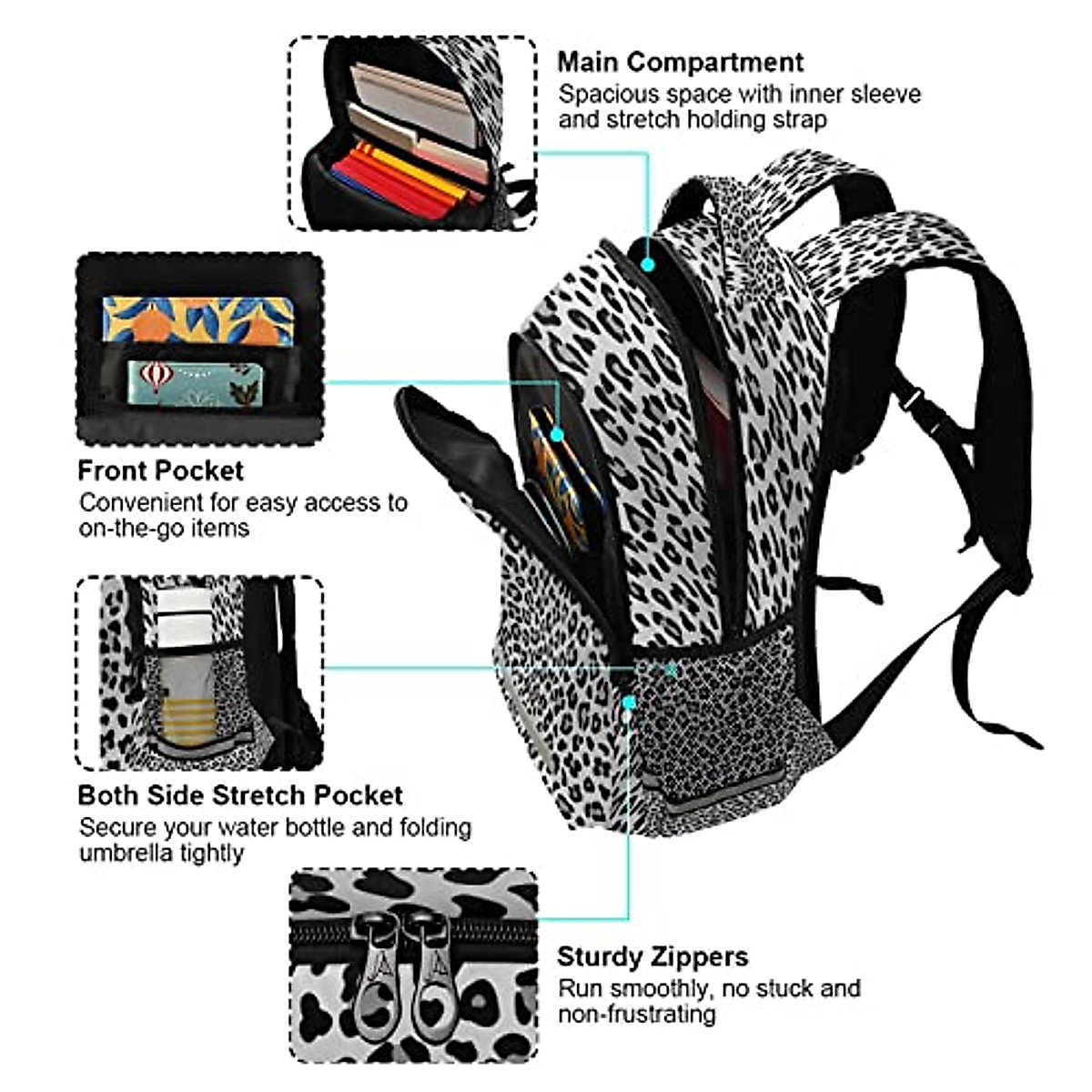 Kcldeci Backpack for Girls-Boys Animal Leopard Gray Colors Middle-School Elementary Bookbags School Book Bag Travel Bag