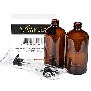 Vivaplex, 2, Large, 16 oz, Empty, Amber Glass Bottles with Black Lotion Pumps