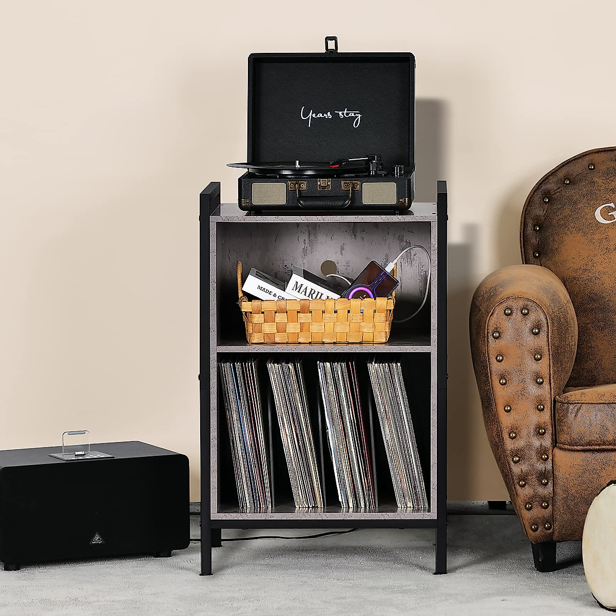 LELELINKY Turntable Stand, 3-Tier Record Player Stand, Vinyl Record Storage Cabinet with Metal Frame Holds Up to 180 Albums, Grey Record Table with Handle for Living Room, Bedroom, Office