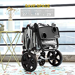 EVER ADVANCED Foldable Wagons for Two Kids & Cargo, Collapsible Folding Stroller with Adjustable Handle Bar,Removable Canopy with 5-Point Harness Gray