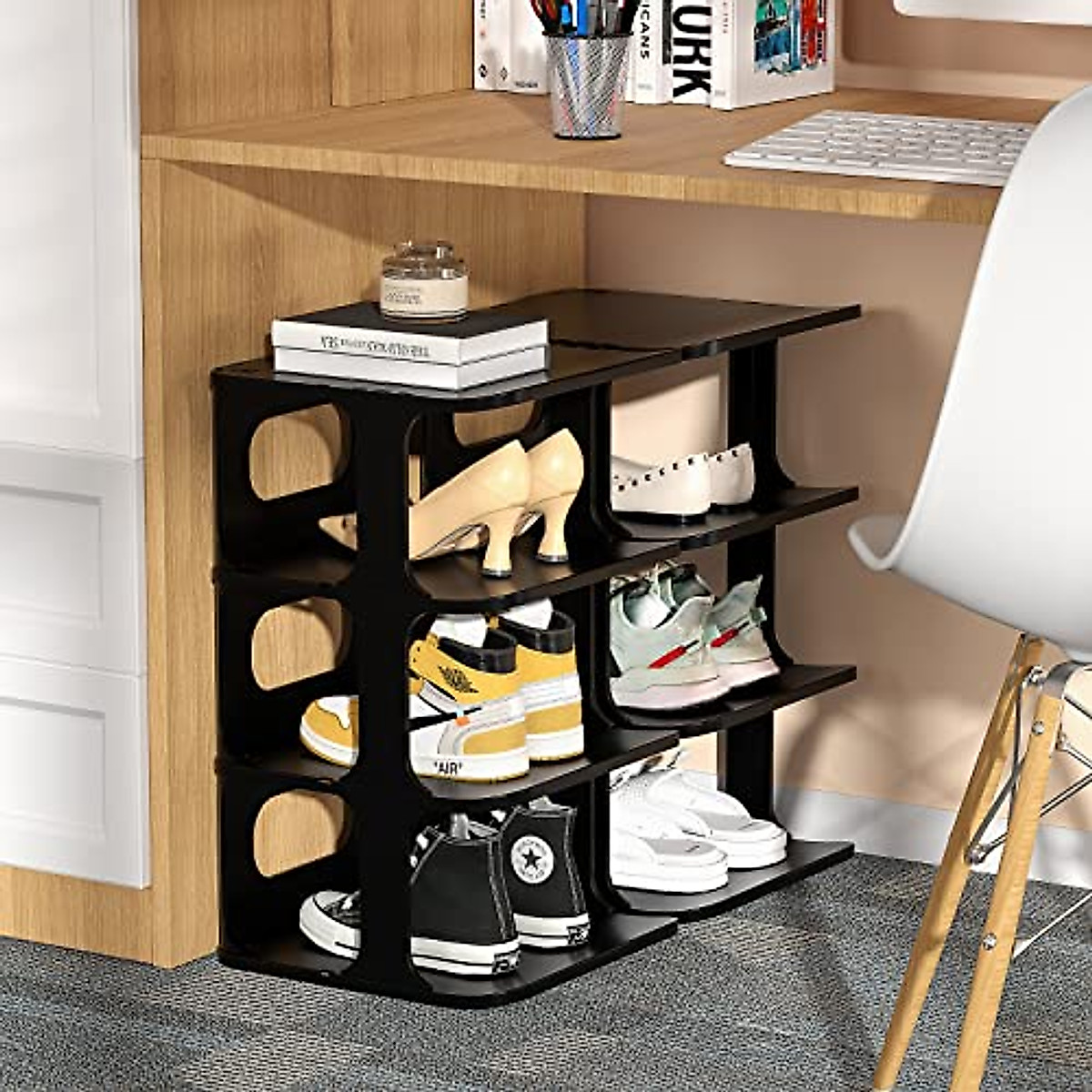 HAIXIN Shoe Racks for Bedroom Plastic Organizer for Closet 8 Tier Shoe Cubby Free Standing Shelves Cabinet Black Sneaker Storage For Entryway Vertical Tower