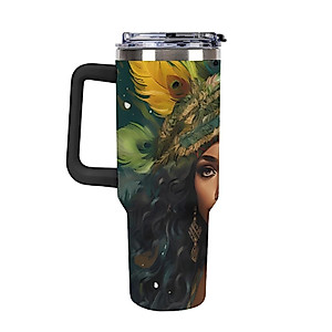African American Women 40 Oz Tumbler with Handle Insulated Stainless Steel Travel Coffee Mug Leakproof Water Bottle Black-Color
