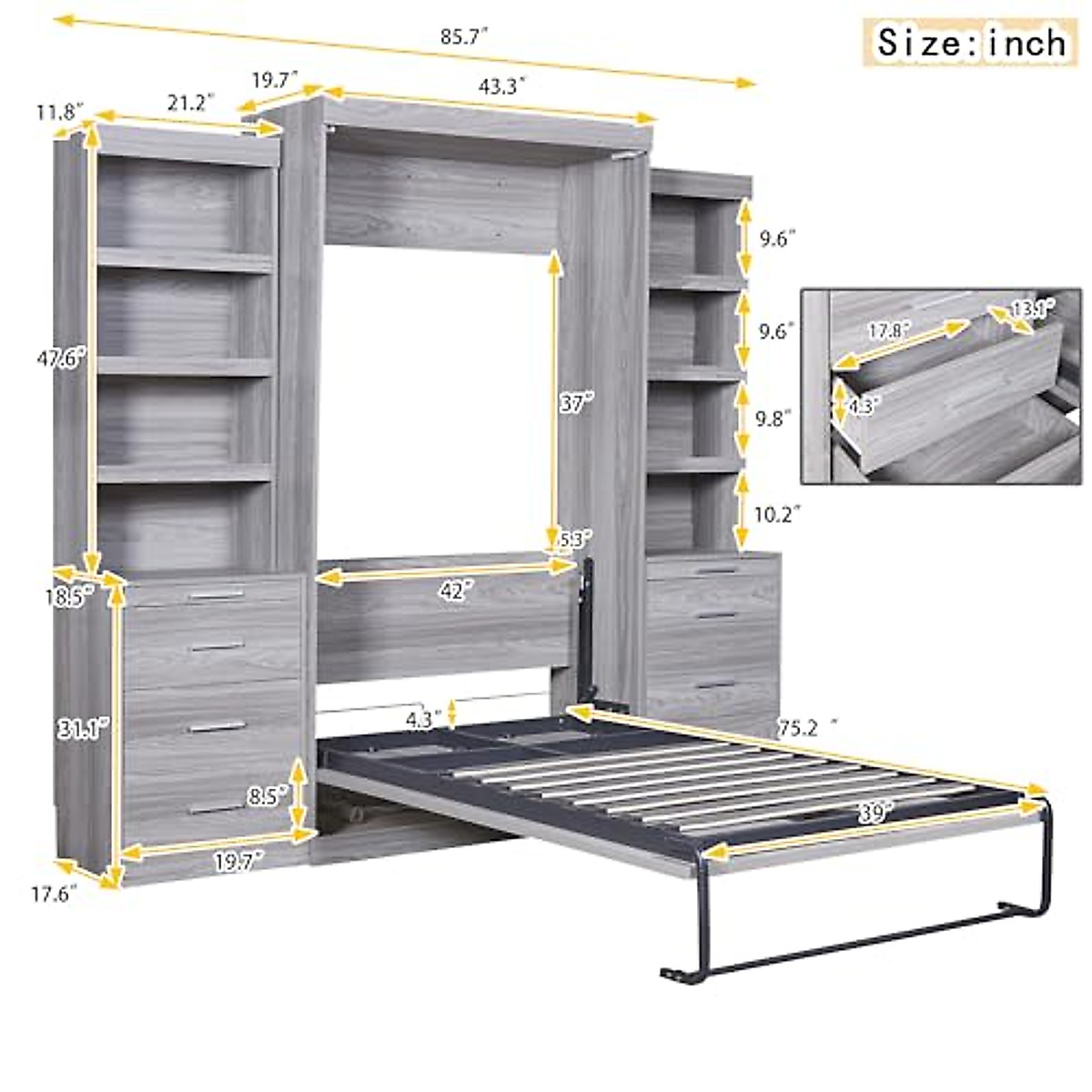 Prohon Twin Vertical Shelf Size Chest with Storage Shelves and Drawers, Saving Wall Canbe Folded into a Cabinet, Strong Wood Slat Support, Versatile Murphy Small Spaces Design Platform Bed, Gray