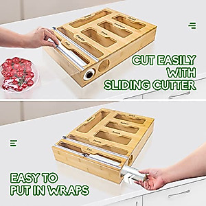 Ziplock Bag Organizer Bamboo , 6 in 1 Wrap Dispenser With Cutter, Kitchen Storage Ziplock Bag Organizer For Drawer, Compatible With Ziplock Gallon, Quart, Sandwich, Snack, Aluminum Foil etc