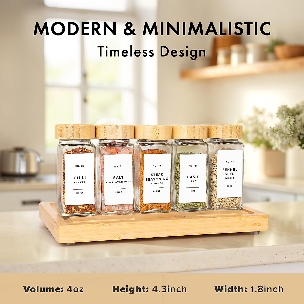 EDELHAUS Glass Spice Jars with Label and Bamboo Lids (24 x 4oz) Spice Containers with 240 Labels, Shaker Inserts, Steel Funnel, Empty Square Seasoning Organizer for Spice Rack, Cabinet, Drawer