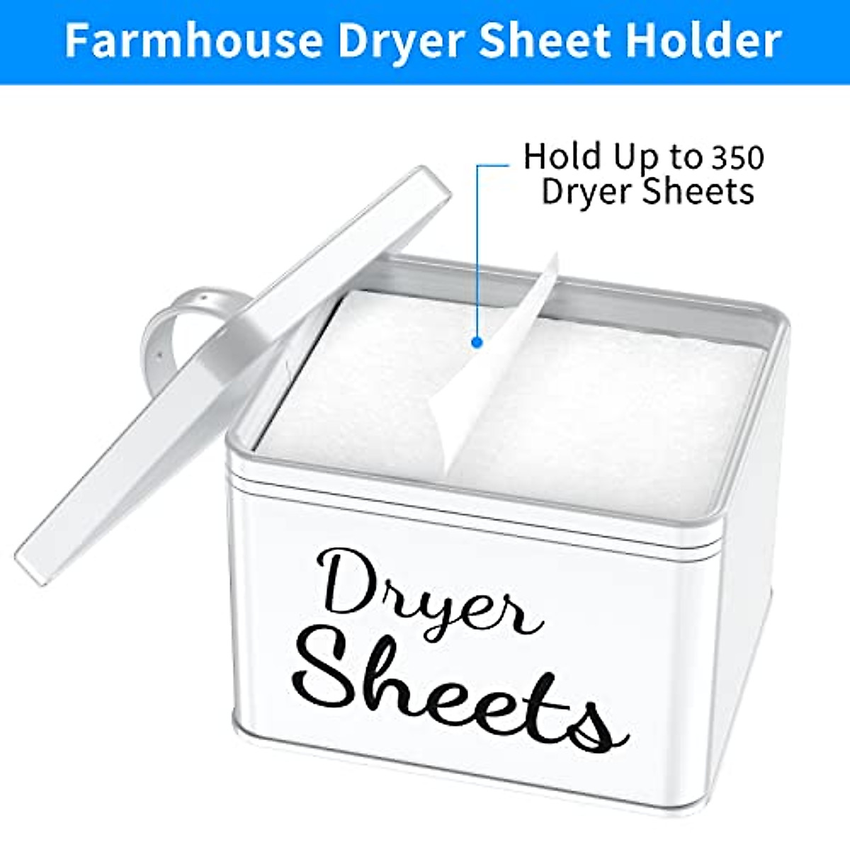 RuiNuyoah Farmhouse Metal Dryer Sheets Holder with Lid for Laundry Room Decor and Accessories, Modern Dryer Sheet Container for Storage and Organization, Large Dryer Sheet Dispenser White