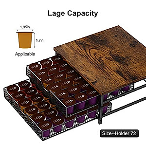 Coffee Pod Drawer K Cup Organizer 2-Tier Coffee Pod Storage Holder with Drawer Baskets 72 Capacity Coffee Capsule Storage Organizer Drawer, Industrial Brown and Black