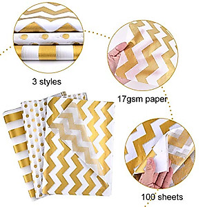 MIAHART 100 Pcs Gold White Tissue Paper Bulk 3 Style Decorative Metallic Wrapping Paper for Gift Bags Birthday Christmas Party Decoration, DIY Arts Crafts Gold Dot Wave Design Patterned(100 Sheet)