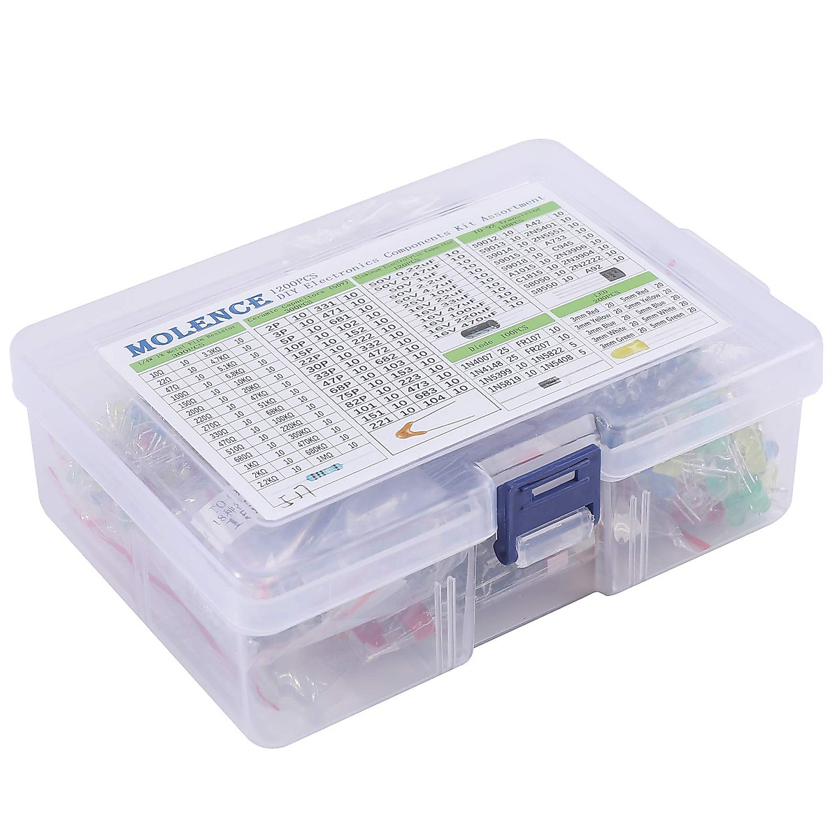 Molence DIY Electronics Components Kit Assortment 1200PCS, Diode, Triode, Metal Film Resistance, Aluminum Electrolytic Capacitor, Ceramic Chip Capacitor for Arduino UNO MEGA2560 Raspberry Pi MCU