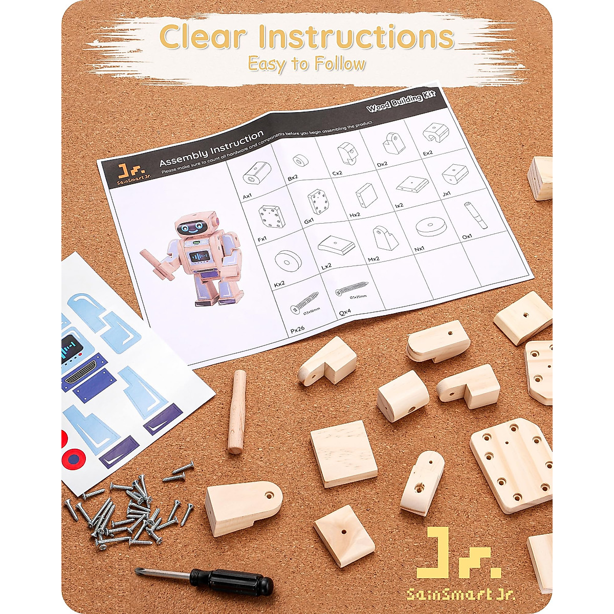 SainSmart Jr. 4-in-1 STEM Kits, Wooden Robot Assembly Toy Set, Woodworking Crafts Projects for Kids, Gift for Boys and Girls